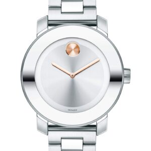 Movado Women's BOLD Iconic Metal Watch with a Flat Dot Sunray Dial, Silver/Pink/Gold (Model 3600084)