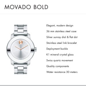 Movado Women's BOLD Iconic Metal Watch with a Flat Dot Sunray Dial, Silver/Pink/Gold (Model 3600084)