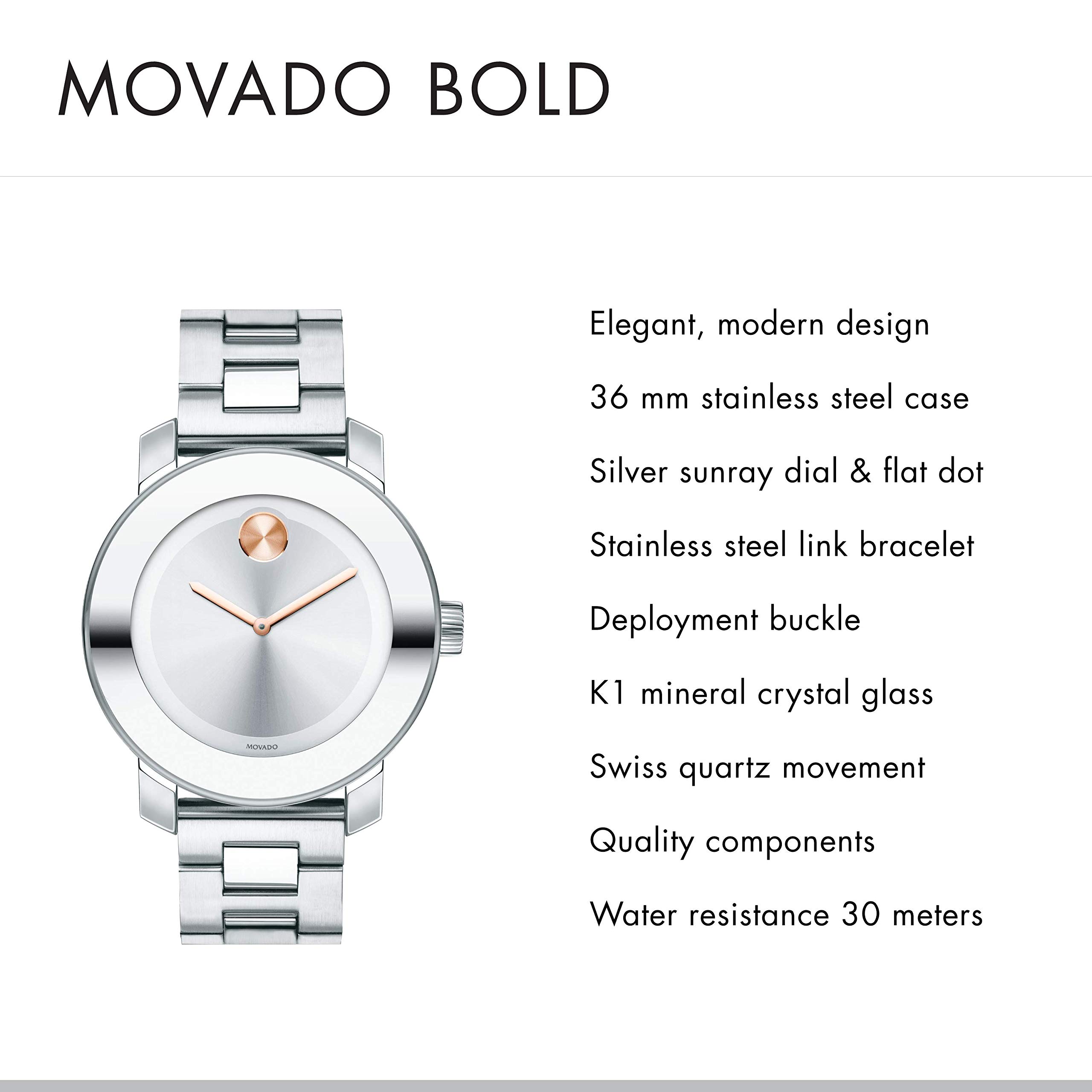 Movado Women's BOLD Iconic Metal Watch with a Flat Dot Sunray Dial, Silver/Pink/Gold (Model 3600084)