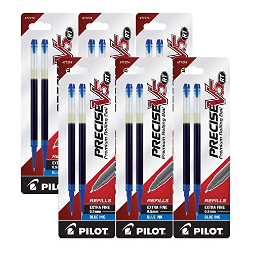 Pilot Precise V5 RT Liquid Ink Retractable Rollerball Pen Refills, 0.5mm, Extra Fine Point, Blue Ink, 6 pack with 2 refills each