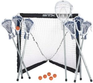 stx fiddlestx seven player game set with six field player sticks one goalie stick mini goal and balls