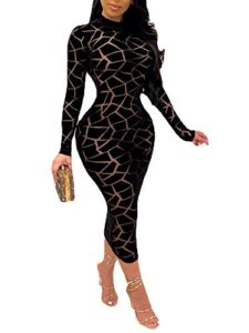 uni clau women sexy sheer mesh boydcon mini dress see through patchwork long sleeve zipper skinny clubwear party dress black 2xl