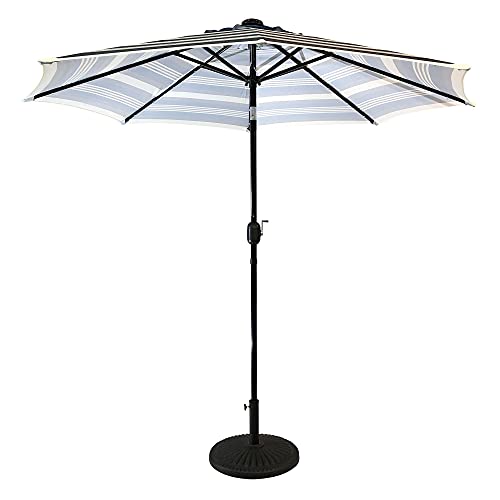 Sun-Ray 811006 9' Round 8-Rib Solar Lighted Patio Umbrella, 32 LED Lights, Push Button Tilt and Crank, Steel Frame, Navy Striped