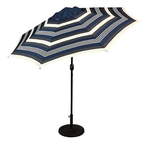 sun-ray 811006 9′ round 8-rib solar lighted patio umbrella, 32 led lights, push button tilt and crank, steel frame, navy striped