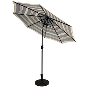 Sun-Ray 811006 9' Round 8-Rib Solar Lighted Patio Umbrella, 32 LED Lights, Push Button Tilt and Crank, Steel Frame, Navy Striped