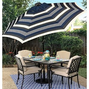 Sun-Ray 811006 9' Round 8-Rib Solar Lighted Patio Umbrella, 32 LED Lights, Push Button Tilt and Crank, Steel Frame, Navy Striped