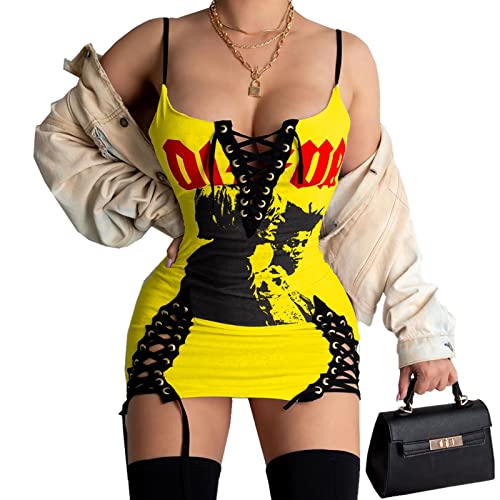 Uni Clau Women Sexy Spaghetti Straps Dress Sleeveless V Neck Bodycon Bandage Mini Party Club Dress Yellow S