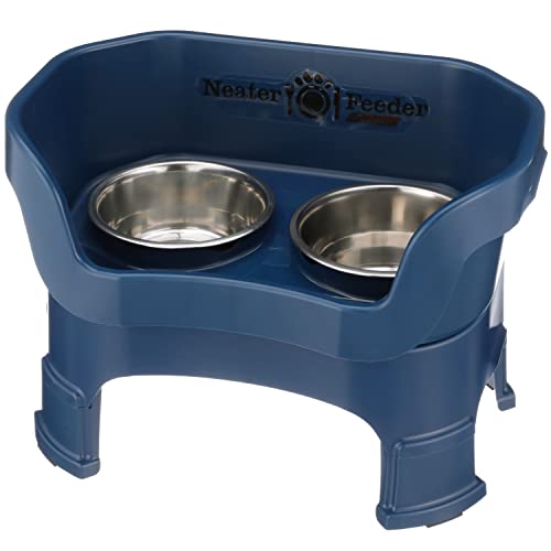 Neater Feeder Deluxe with Leg Extensions for Medium Dogs - Mess Proof Pet Feeder with Stainless Steel Food & Water Bowls - Drip Proof, Non-Tip, and Non-Slip - Dark Blue