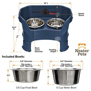 Neater Feeder Deluxe with Leg Extensions for Medium Dogs - Mess Proof Pet Feeder with Stainless Steel Food & Water Bowls - Drip Proof, Non-Tip, and Non-Slip - Dark Blue