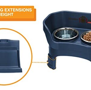 Neater Feeder Deluxe with Leg Extensions for Medium Dogs - Mess Proof Pet Feeder with Stainless Steel Food & Water Bowls - Drip Proof, Non-Tip, and Non-Slip - Dark Blue