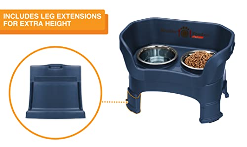 Neater Feeder Deluxe with Leg Extensions for Medium Dogs - Mess Proof Pet Feeder with Stainless Steel Food & Water Bowls - Drip Proof, Non-Tip, and Non-Slip - Dark Blue