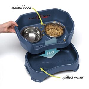 Neater Feeder Deluxe with Leg Extensions for Medium Dogs - Mess Proof Pet Feeder with Stainless Steel Food & Water Bowls - Drip Proof, Non-Tip, and Non-Slip - Dark Blue