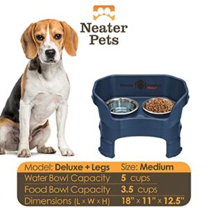 Neater Feeder Deluxe with Leg Extensions for Medium Dogs - Mess Proof Pet Feeder with Stainless Steel Food & Water Bowls - Drip Proof, Non-Tip, and Non-Slip - Dark Blue