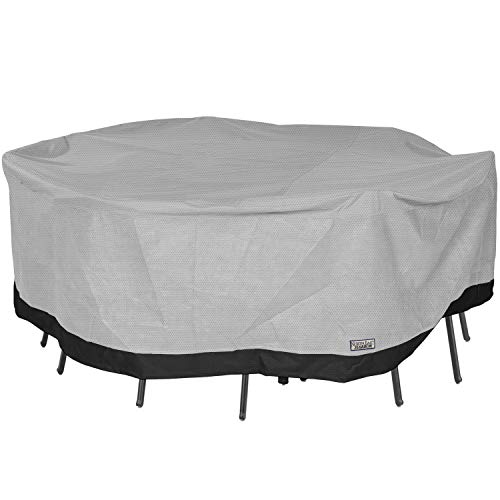 NEH Round Patio Table and Chair Set Outdoor Furniture Cover - 108" Diameter x 29"H - Breathable Material, Sunray Protected, and Weather Resistant Storage Cover - Gray with Black Hem