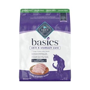 blue buffalo basics skin & stomach care grain free, natural indoor adult dry cat food, turkey & potato 11-lb