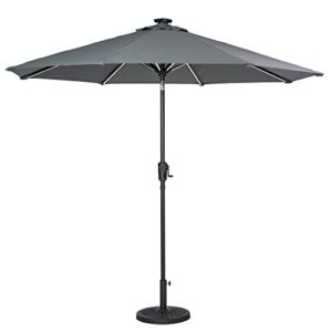 sun-ray 811028g 9′ round 8-rib next gen solar lighted patio umbrella 32 led lights, crank and tilt, aluminum frame, grey