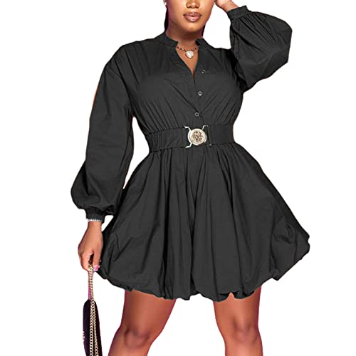 Uni Clau Womens Button Down Shirt Dress Long Sleeve A-Line Casual Puffy Short Mini Dress with Belt Black XXL