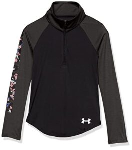 under armour girls’ standard tech graphic half-zip t-shirt, (003) black / / white, youth medium