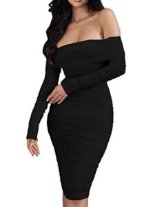 uni clau women sexy off shoulder sheer mesh long sleeve midi dress bodycon see through shinny party night clubwear ruched dress black xl