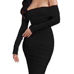 Uni Clau Women Sexy Off Shoulder Sheer Mesh Long Sleeve Midi Dress Bodycon See Through Shinny Party Night Clubwear Ruched Dress Black XL