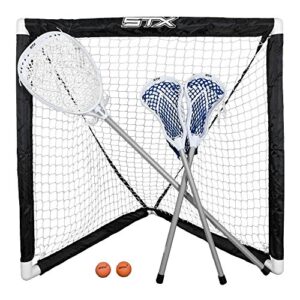 stx fiddlestx three player game set with two field player sticks one goalie stick mini goal and balls , white/grey