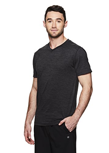 Gaiam Men's Everyday Basic V Neck T Shirt - Short Sleeve Yoga & Workout Top - Black Heather Everyday, Large