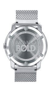 movado men’s bold thin stainless steel watch with a printed index dial, silver (model 3600260)