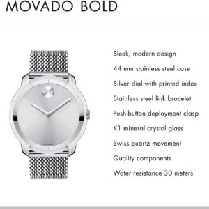 Movado Men's BOLD Thin Stainless Steel Watch with a Printed Index Dial, Silver (Model 3600260)