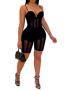 uni clau women sexy halter camisole mesh patchwork jumpsuit see through bodycon short pants party club romper black 2xl