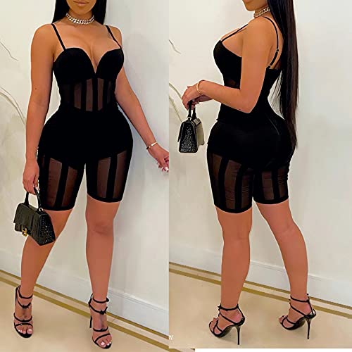 Uni Clau Women Sexy Halter Camisole Mesh Patchwork Jumpsuit See Through Bodycon Short Pants Party Club Romper Black 2XL