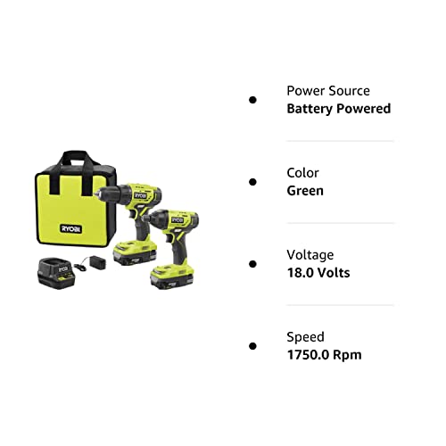 Ryobi P1817 18V ONE+ Lithium-Ion Cordless 2-Tool Combo Kit with (2) 1.5 Ah Batteries, 18-Volt Charger, and Bag