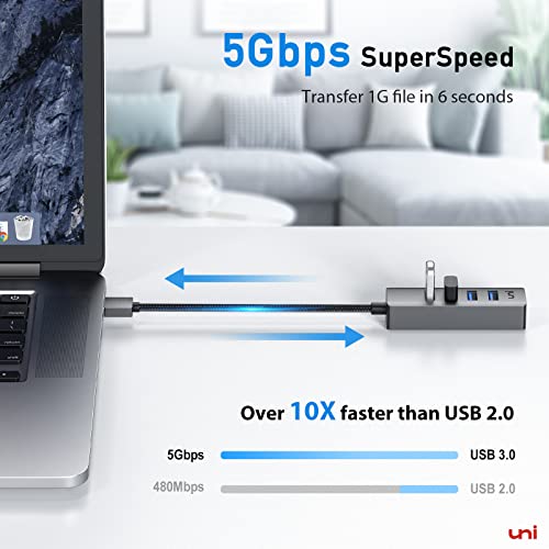 USB Hub, uni 4-Port Hight-Speed USB 3.0 Hub, Portable Aluminum USB Splitter Compatible with PC, Laptops, Mouse, Keyboard, Flash Drive, Mobile HDD, Car, and More.