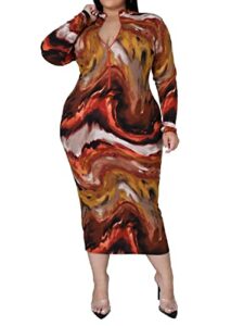 uni clau women sexy plus size bodycon dress floral print long sleeve midi dress v neck casual party dress with belt yellow l