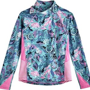 Coolibar UPF 50+ Kid's Sunray 360 Rash Guard - Sun Protective (Large- Coastal Blue Underwater Seashells)