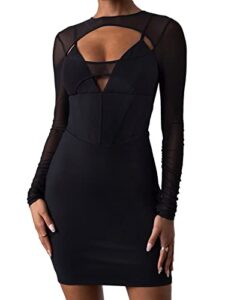 uni clau women’s sexy v neck mesh patchwork long sleeve mini dress criss cross backless halter neck bodycon party clubwear night club skinny dresses black l