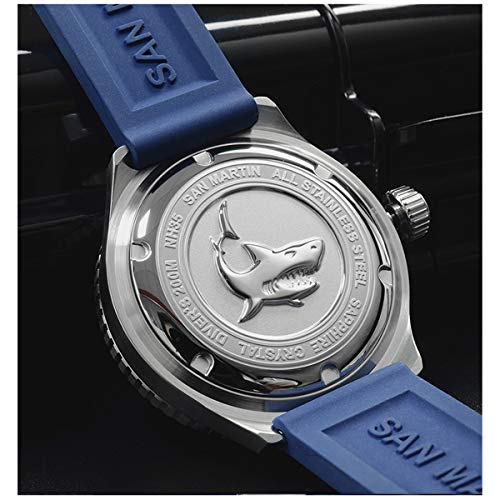 san martin Vintage Automatic Mechanical Diving Men Watch 20 ATM Rotating Bezel Sunray Blue Rubber Strap Sapphire Glass (Blue)