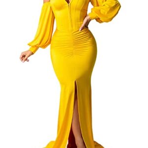 Uni Clau Women's Sexy Off Shoulder Maxi Dress V Neck Lantern Long Sleeve Split Gown Cocktail Mermaid Formal Dresses Yellow 2XL