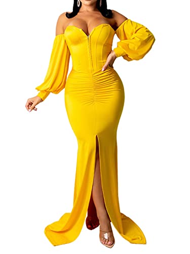 Uni Clau Women's Sexy Off Shoulder Maxi Dress V Neck Lantern Long Sleeve Split Gown Cocktail Mermaid Formal Dresses Yellow 2XL