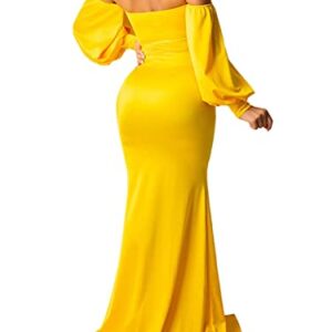 Uni Clau Women's Sexy Off Shoulder Maxi Dress V Neck Lantern Long Sleeve Split Gown Cocktail Mermaid Formal Dresses Yellow 2XL