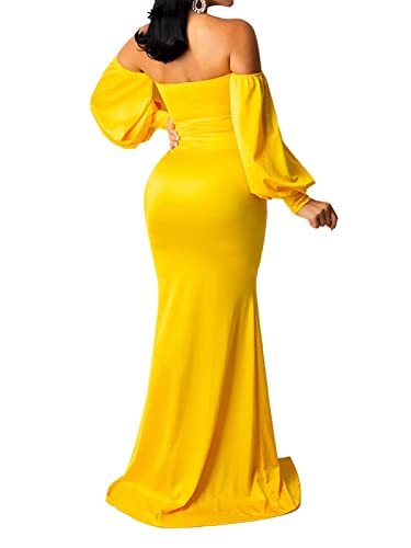 Uni Clau Women's Sexy Off Shoulder Maxi Dress V Neck Lantern Long Sleeve Split Gown Cocktail Mermaid Formal Dresses Yellow 2XL