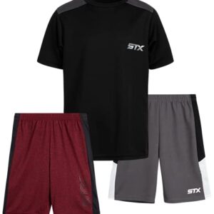 STX Boys' Active Shorts Set ? 3 Piece T-Shirt and Gym Shorts Kids Clothing Set, Size 5/6, Grey/Black/Dark Red