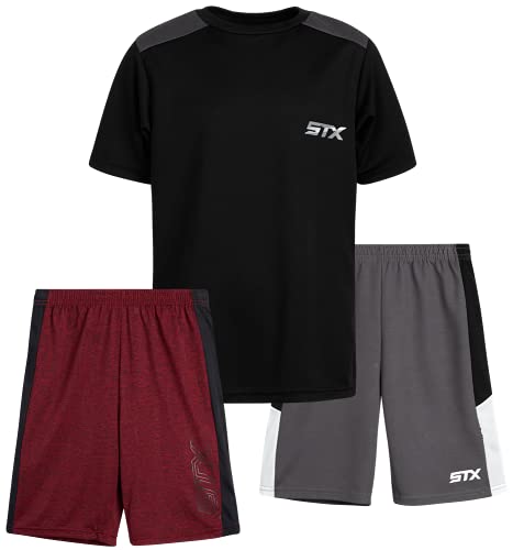 STX Boys' Active Shorts Set ? 3 Piece T-Shirt and Gym Shorts Kids Clothing Set, Size 5/6, Grey/Black/Dark Red