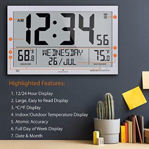 MARATHON Atomic Full Calendar Clock with Extra Large Digits Indoor and Outdoor Temperature