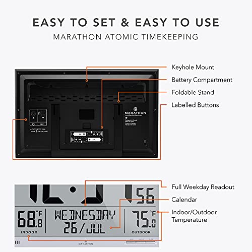 MARATHON Atomic Full Calendar Clock with Extra Large Digits Indoor and Outdoor Temperature