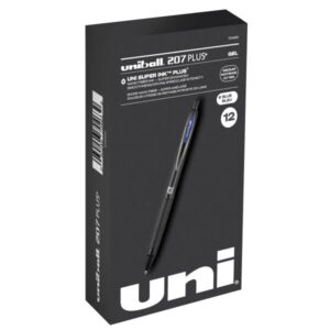 uni-ball 207 plus+ retractable gel pens 12 pack in blue with 0.7mm medium point pen tips – uni-super ink+ is smooth, vibrant, and protects against water, fading, and fraud