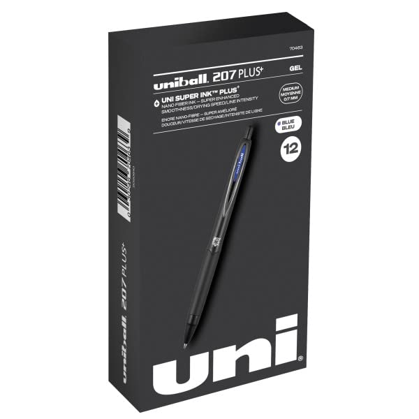 uni-ball 207 Plus+ Retractable Gel Pens 12 Pack in Blue with 0.7mm Medium Point Pen Tips - Uni-Super Ink+ is Smooth, Vibrant, and Protects Against Water, Fading, and Fraud