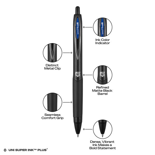 uni-ball 207 Plus+ Retractable Gel Pens 12 Pack in Blue with 0.7mm Medium Point Pen Tips - Uni-Super Ink+ is Smooth, Vibrant, and Protects Against Water, Fading, and Fraud