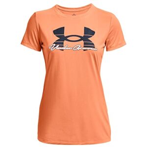 Under Armour Women's Standard Tech Solid Script Short Sleeve T-Shirt, (906) Orange Tropic/Downpour Gray/White, Medium