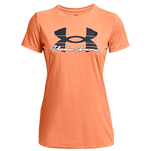 Under Armour Women's Standard Tech Solid Script Short Sleeve T-Shirt, (906) Orange Tropic/Downpour Gray/White, Medium