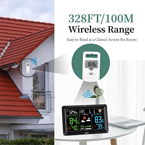 【 AFIFI 】 Wireless Weather Station with Atomic Clock, Indoor Outdoor Thermometer and Hydrometer, Weather Forecast with Barometer, HD Colour Display with Adjustable Backlight